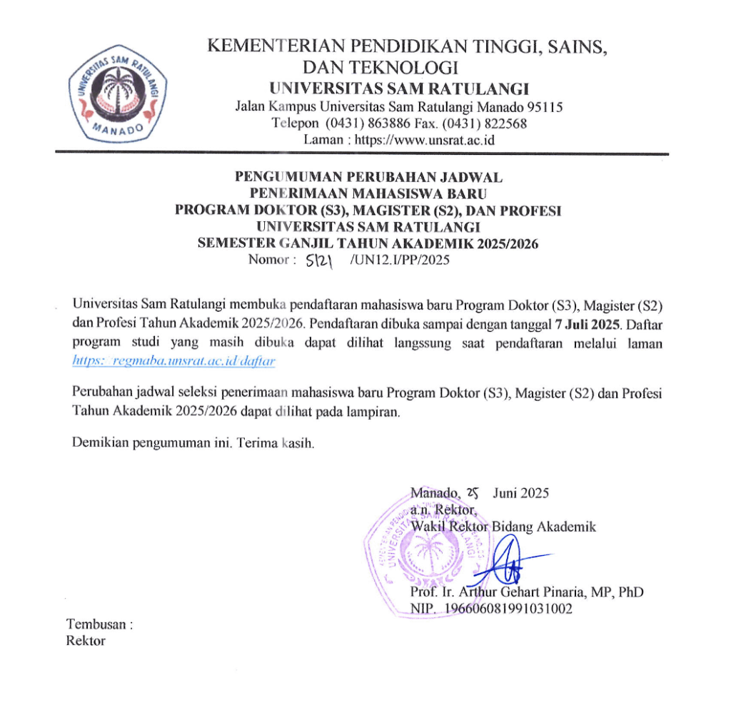 Pengumuman Perubahan Jadwal Penerimaan Mahasiswa Baru Tahun Akademik 2025/2026 – PSDIM Unsrat